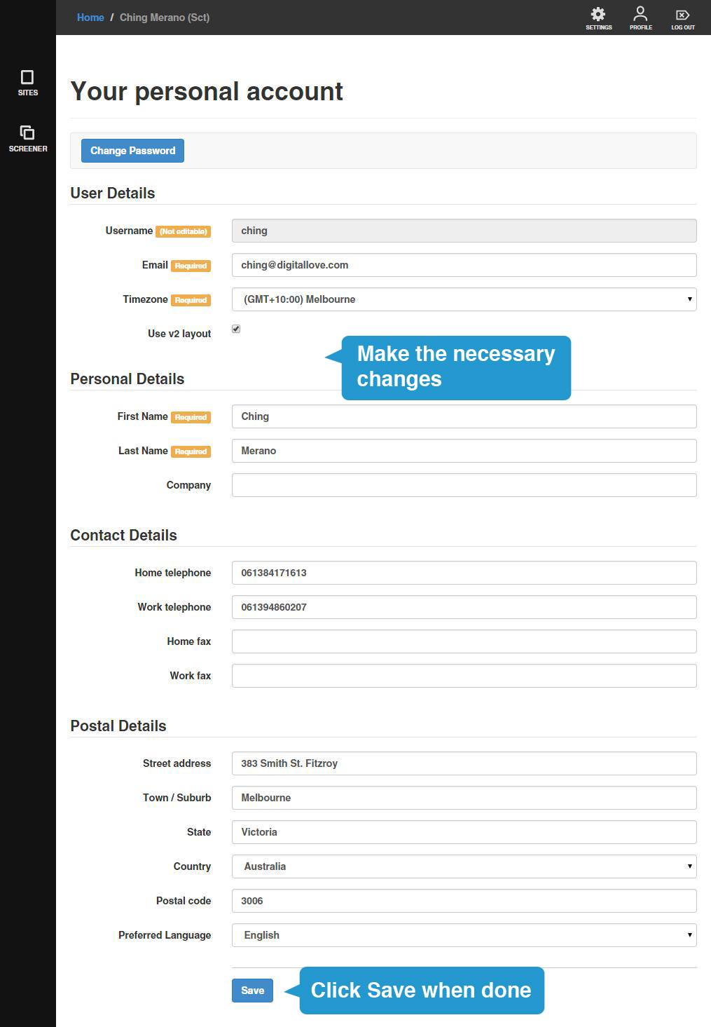 Editing your user profile details – Screener Support
